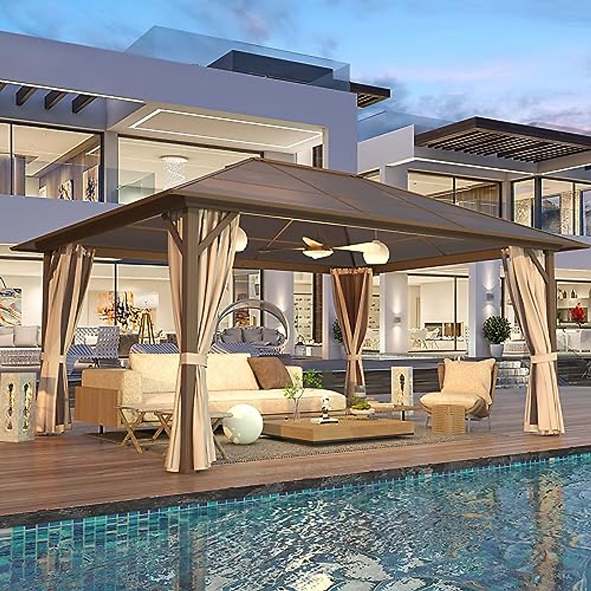 YOLENY 12'x16' Hardtop Gazebo, Outdoor Polycarbonate Roof Canopy, Aluminum Frame Permanent Pavilion with Curtains and Netting, Sunshade for Garden, Patio, Lawns