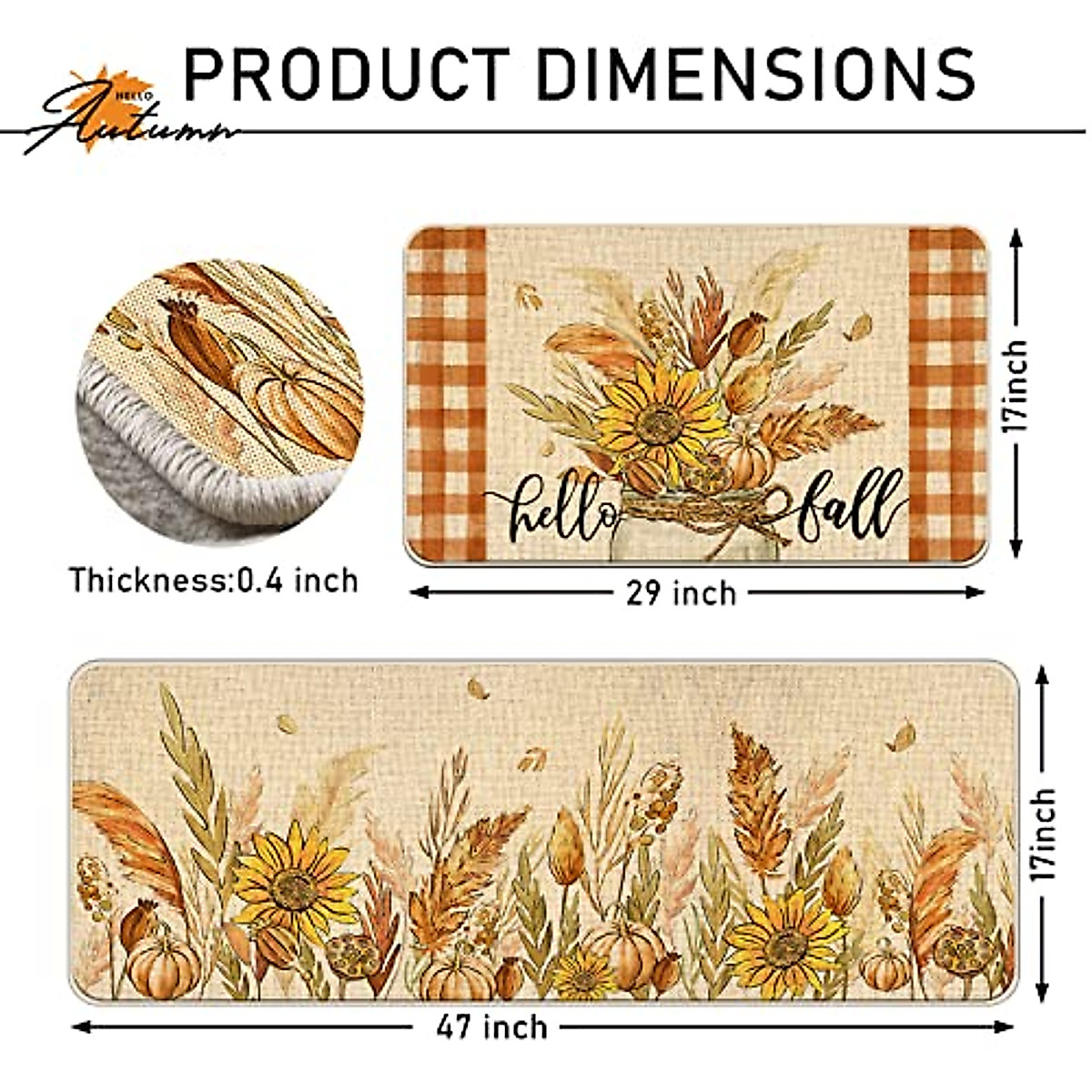 Tailus Hello Fall Sunflower Pumpkin Kitchen Rugs Set of 2, Autumn Harvest Wheat Mason Jar Kitchen Mats Decor, Buffalo Plaid Check Farmhouse Floor Door Mat Home Decorations - 17x29 and 17x47 Inch