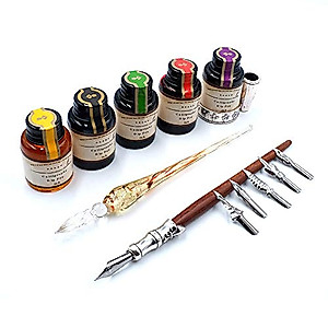 GC QUILL MU-02 Calligraphy Pen Set, Glass Dip Pen and Handcrafted Wooden Dip Pen Gift Set with 5 Colors Calligraphy Ink 6 Nibs 1 Pen Holder, Calligraphy Set for Beginners