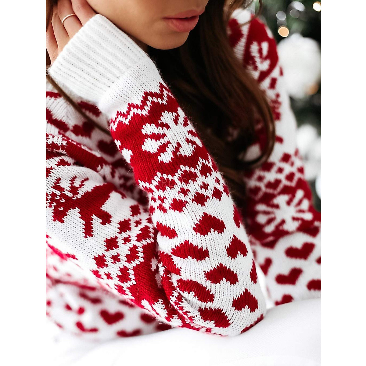 Christmas Sweater Funny Women 2023 Winter Christmas Sweater Crew Neck Long Sleeve Pullover Snowflake Striped Sweater Chunky Knit Jumper Tops Womens Sweater
