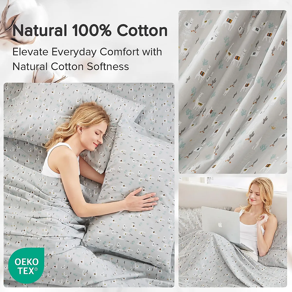 Comfort Spaces 100% Cotton Sheets Queen, Breathable, Naturally Cool Cotton Sheets, Soft Cotton Bed Sheets with 14" Elastic Pocket Fits up to 16" Mattress, All Seasons Sheet Set, Lama Multi 4 Piece