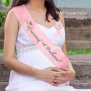 MEANT2TOBE Baby Shower Decoration for Mom To Be and Dad To Be, Pink, Brown Flowers style Tiara + Pink & Silver Sash + Pink & White Daddy to be pin, Maternity Christmas Gift for Her nd Him