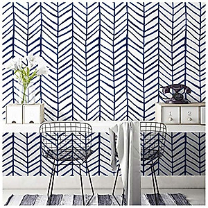 HAOKHOME 96020-2 Modern Stripe Peel and Stick Wallpaper for Bedroom Herringbone Navy Blue Vinyl Removable Decoration 17.7in x 9.8ft