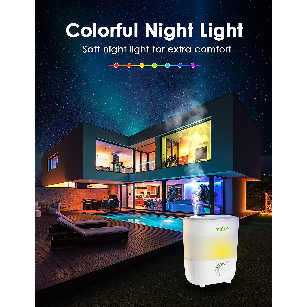 Oraimo Humidifiers for Bedroom, Top Fill Cool Mist Humidifier, 26dB Quiet, Easy to Clean, 2.5L Ultrasonic Humidifier & Essential Oil Diffuser with Night Light, BPA-Free (light white)