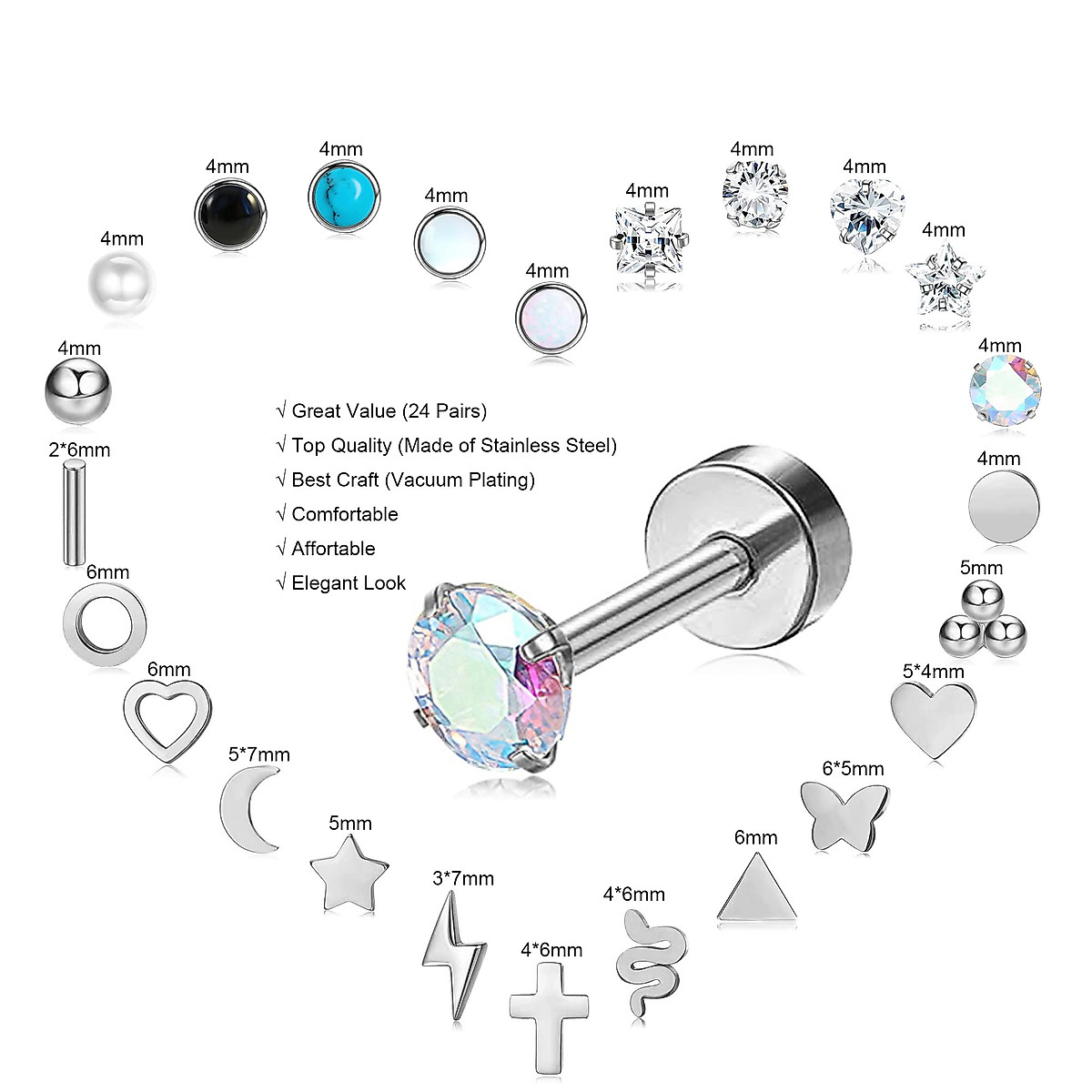 BSJ4U 24 Pairs Stainless Steel Stud Earrings Set for Women Men CZ Heart Butterfly Triangle Cross Circle Bar Moon Star Hypoallergenic Flat Back Earrings 20G Cartilage Helix Earrings Piercing Jewelry,