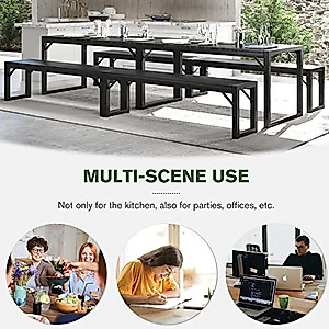 IMUsee 3-Piece 47.2" Dining Table Set for 4-6,Heavy Duty Kitchen Table with Metal Frame and Wood Board, Kitchen & Dining Room Table Set with Benches, Space-Saving Dinette for Small Space,Black&Black