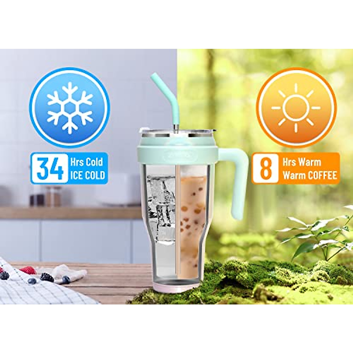 Zenbo 40 oz Tumbler With Handle,Lid and Straw | Stainless Steel Insulated Tumbler, Keeps Drinks Cold up to 34 Hours, Fit in Car Cup Holder, Dishwasher Safe and BPA Free