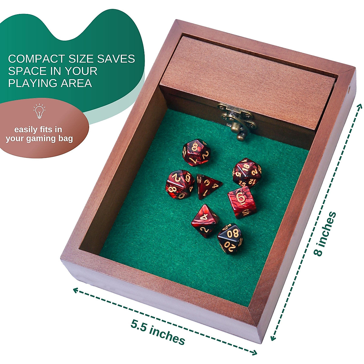 Wooden D&D Dice Rolling Tray with Dice Storage Vault | Metal Latch Secures Lid for Travel | Perfect DND Gift for DM | Great for Tabletop Games Like Dungeons and Dragons 5e, Pathfinder