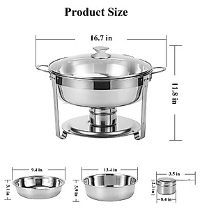 Amhier 5 Qt Chafing Dish Buffet Set with Visible Glass Lid and Holder, Stainless Steel Round Chafers and Buffet Warmers Sets with Food and Water Trays for Catering, Parties and Weddings, Silver, 1Pack