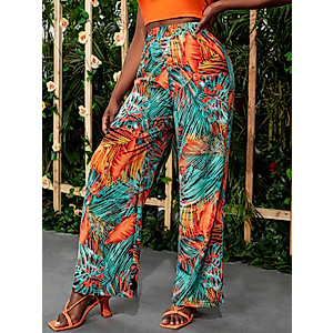 WDIRARA Women's Tropical Print High Elastic Waisted Wide Leg Loose Pants Trousers Multicolored S