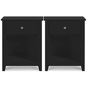 Vikiullf Black Nightstands with Drawer - Set of 2 Modern Bedroom Night Stands, Wood Bedside Tables with 1 Storage Drawer and Open Shelf, 23.8”H