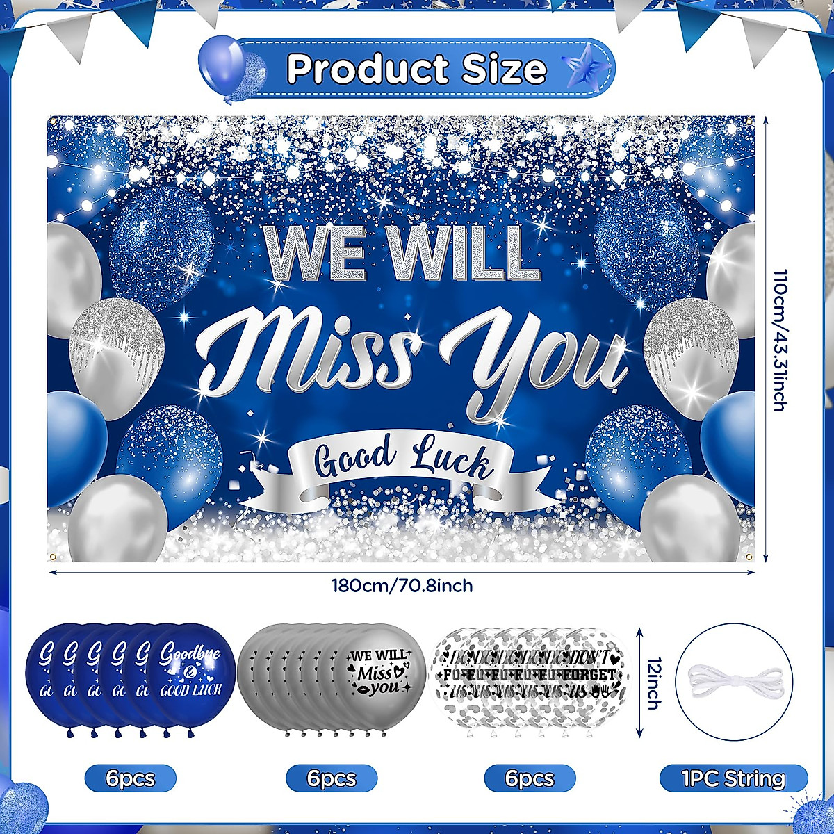 Blue Sliver Farewell Party Decorations Good Luck We Will Miss You Banner 18PCS We Will Miss You Balloons for Boys and Men Farewell Going Away Retirement Graduation Goodbye Party Supplies