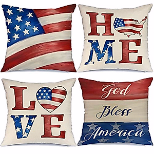 GEEORY 4th of July Decorations Pillow Covers 18x18 Set of 4 Memorial Day American Flag Stars and Stripes Patriotic Throw Pillow Covers Love America Pillows Case Independence Day Decor