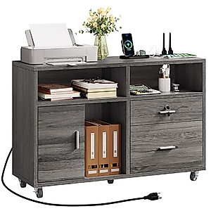 YITAHOME Wood Lateral File Cabinet, 2 Drawer Mobile Storage Cabinet, Fits A4, Letter and Legal, Printer Stand with Open Storage Shelves, Modern Filing Cabinet for Home Office, Grey
