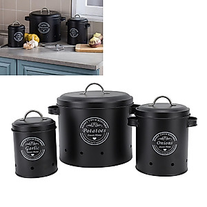 3Pcs Potato and Onion Storage Bin Set, Kitchen Vegetable Storage Tins, Onion Storage Garlic Keeper, Carbon Steel Farmhouse Potatoes Holder for Potatoes, Onions (Black)
