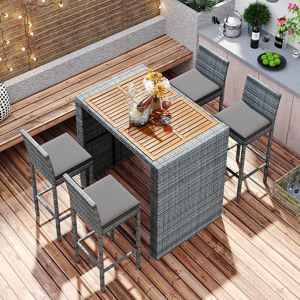 XD Designs 5-Pieces Outdoor Patio Bar Set, All-Weather PE Wicker Counter Height Dining Table Set, Acacia Wood Table Top, Comfort 4 Bar Chairs with Ergonomic Backrests, Footrest and Removable Cushion