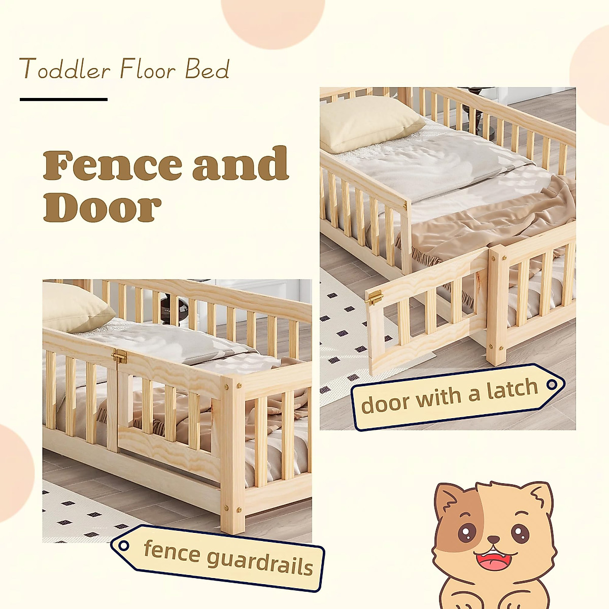 Twin Floor Bed with Rails and House-Shaped Headboard Kids Bed Frame with Fence and Doors Twin Size Wood Montessori Floor Bed for Baby Girls Boys, Natural