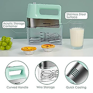 REDMOND Hand Mixer Electric, 5-Speed Hand Mixer with Measuring Storage Case, Kitchen Handheld Mixer Includes Dough Hooks, Whisk and Beaters for Cream, Cake, Cookies, Eggs 250W Hand Mixer with Measuring Box, HM018 Mint Green