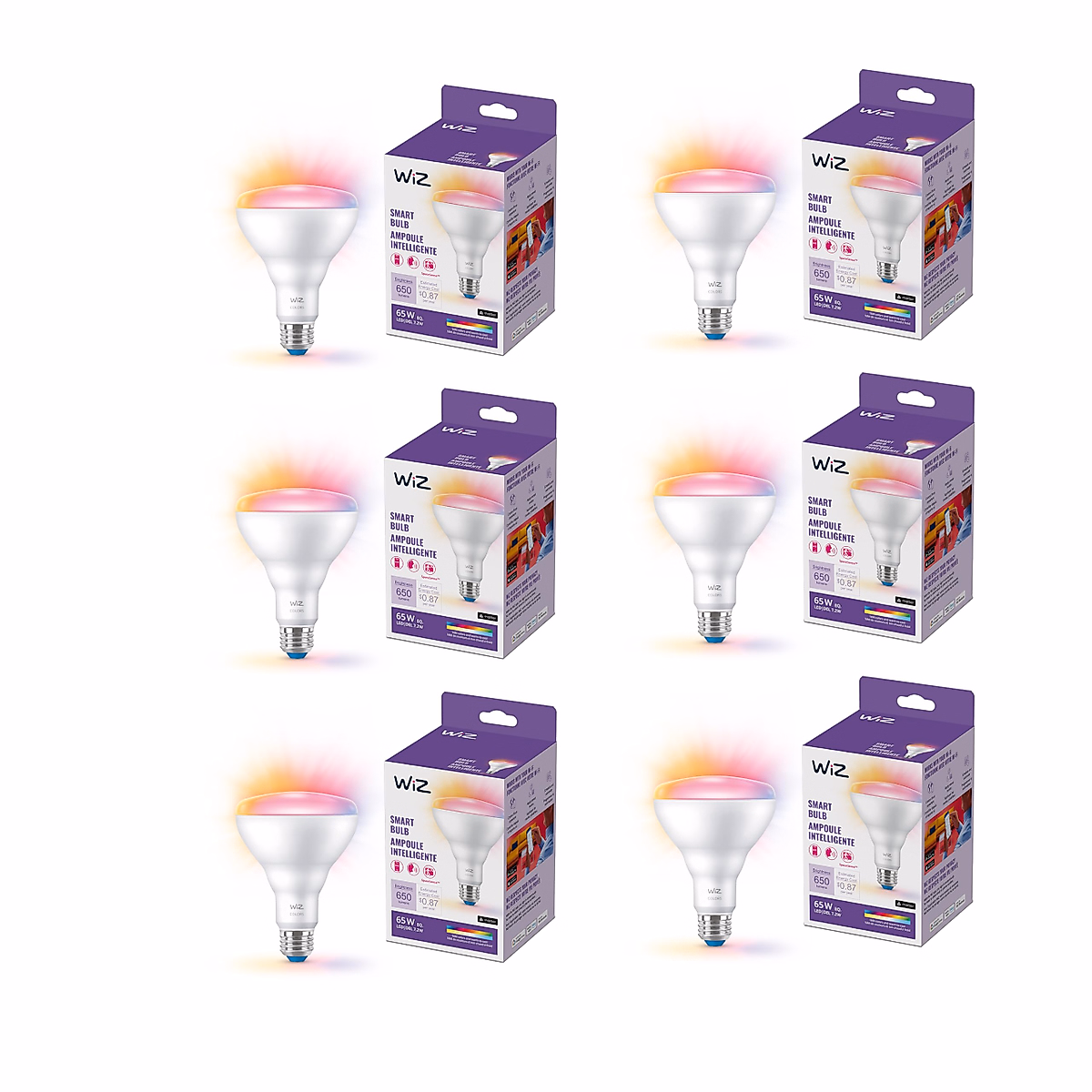 WiZ 65W BR30 Color LED Smart Bulb - Pack of 6 - E26- Indoor - Connects to Your Existing Wi-Fi - Control with Voice or App + Activate with Motion - Matter Compatible