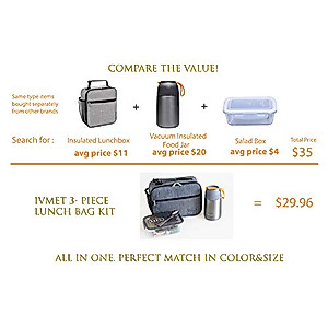 IVMET 3-Piece Lunch Bag Kit Insulated Bento Lunch Box Food Jar Vacuum Stainless Steel thermos with Spoon Leak Proof Hot Cold for Kids Adults School Office Picnic Travel Outdoors (Grey, 24 oz / 730 ml)