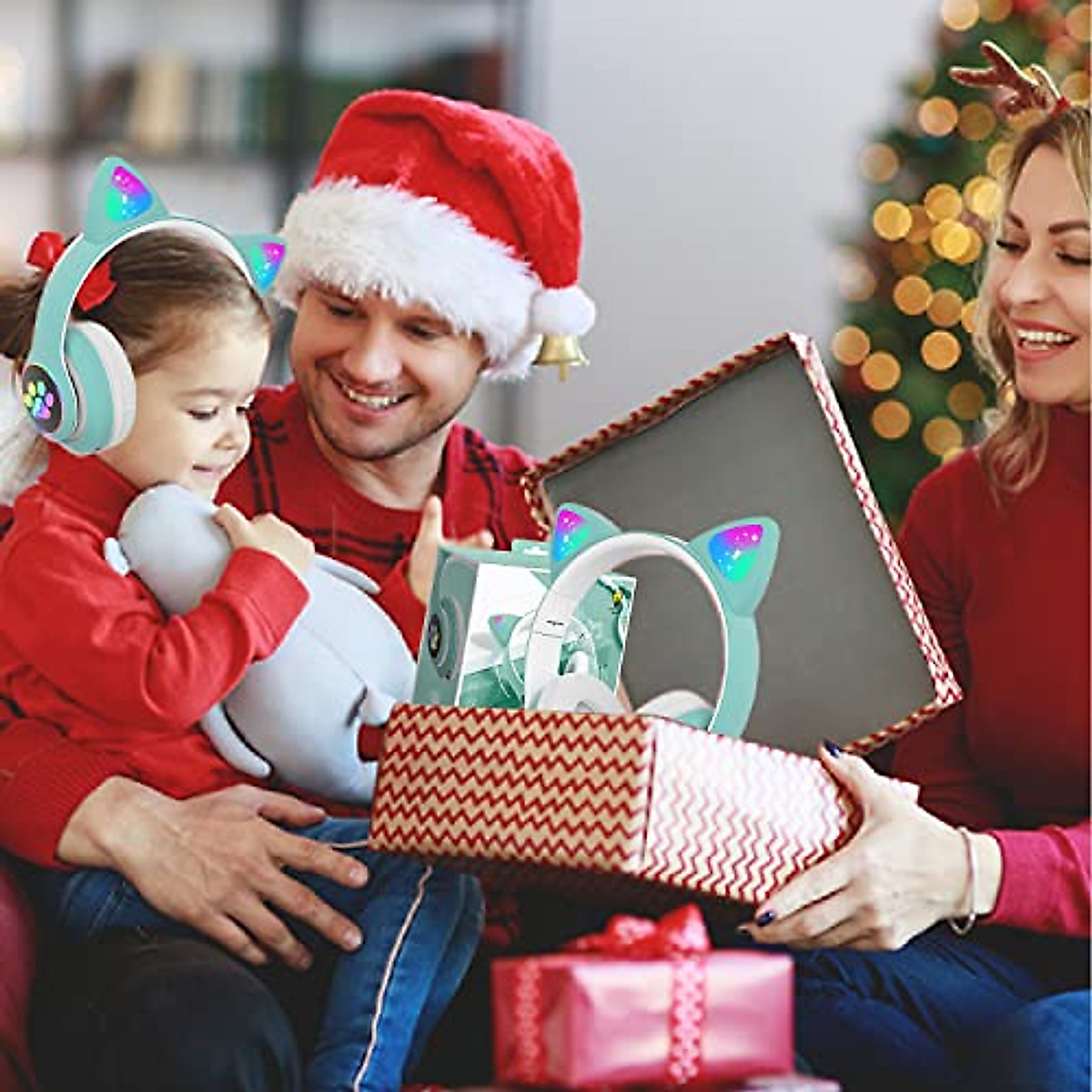 KERHAND Bluetooth Headphones for Kids, Cute Ear Cat Ear LED Light Up Foldable Headphones Stereo Over Ear with Microphone/TF Card Wireless Headphone for iPhone/iPad/Smartphone/Laptop/PC/TV (Green)