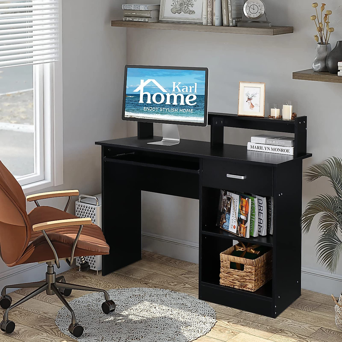 Karl home Computer Desk with Drawers & Storage Cabinet, Small Office Desk PC Laptop Workstation for Home, Studio, Office, Apartment, Coffee