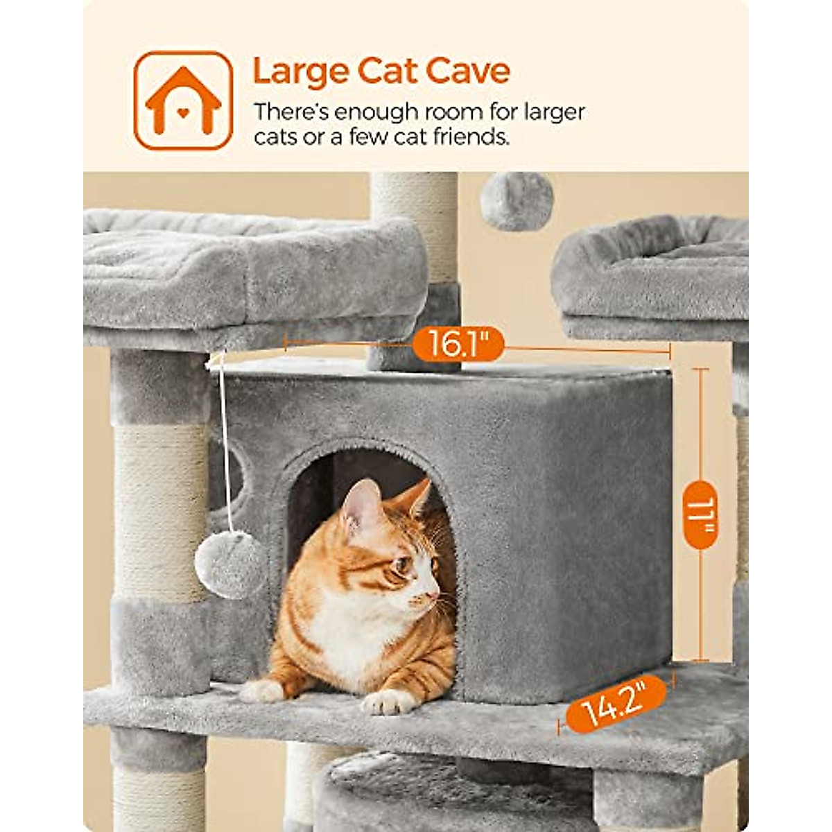 FEANDREA 67-Inch Multi-Level Cat Tree for Large Cats, with Cozy Perches, Stable, Light Gray UPCT18W