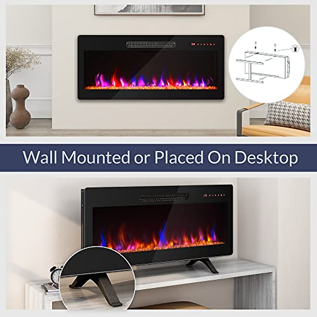 BELLEZE 36" Electric Fireplace Heater, 1400 W Recessed & Wall Mounted Electric Fireplace with Remote Control, Freestanding Heater with Adjustable Flame Color and Brightness, Timer, Touch Screen