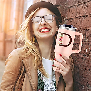 Monogrammed 40oz Tumbler with Handle for Women, Personalized Birthday Gifts for Women,Initial Cups for Woman Floral Letter D,Customized Gifts for Female Lady Gift for Mothers Day Christmas