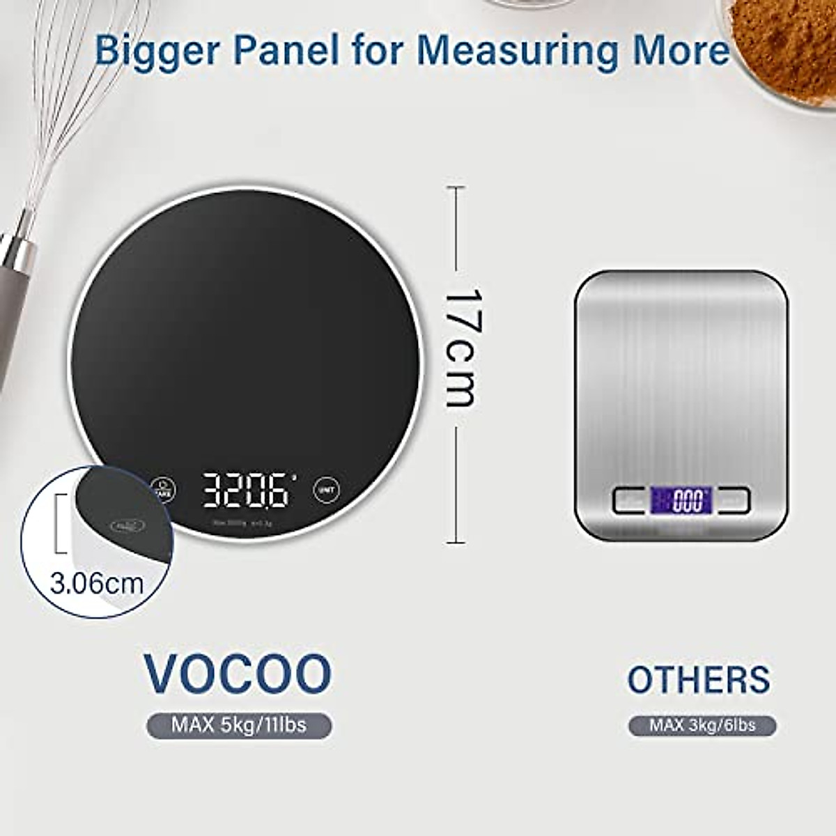 VOCOO Food Kitchen Scale Digital - 5KG/11lb Max Weight with 5 Units Grams Ounces Pounds, Clear LED Display and Tare Function, Food Scale for Cooking Baking Meat Weighing (White)