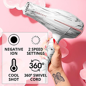 Foxybae Professional Hair Dryer | Powerful Ceramic Tourmaline Blow Dryer | Salon-Grade Hairdryer Motor | Hair Styling Tools for Straight & Curly Hair, 2 Heat Settings | White Marble Rose Gold