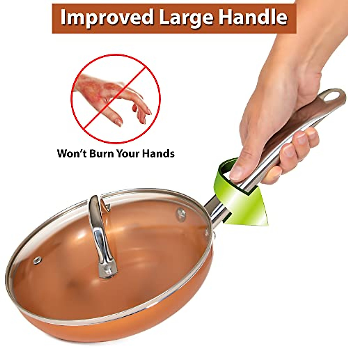 FOOD BOUTIQUE Copper Nonstick Ceramic Frying Pan with lid – 8-inch Egg Cooking Pan with tamper glass lid