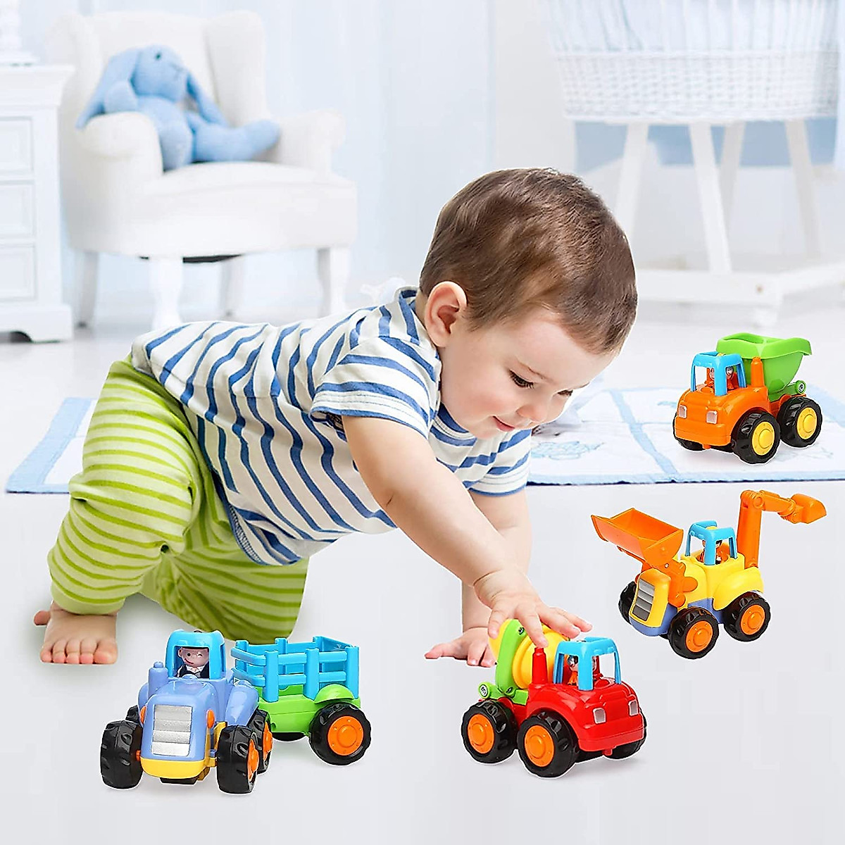 TINOTEEN Baby Toy Cars for 1 2 3 Year Old, 4 Pack Toddler Friction Powered Cars Push and Go Car Toys Baby Construction Vehicles