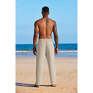 COOFANDY Men's Cotton Linen Baggy Pants Relaxed Fit Vacation Beach Trousers Khaki