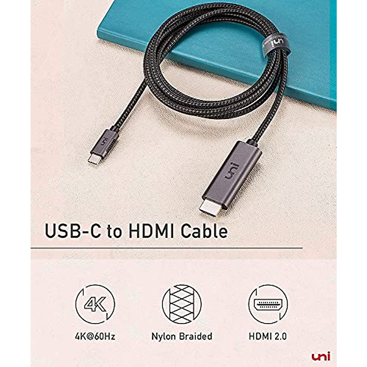 uni USB C to HDMI Cable for Home Office 6ft (4K@60Hz), USB Type C to HDMI Cable, Thunderbolt 4/3 Compatible with MacBook Pro 2021/2020, MacBook Air,iPad Pro 2021, Surface Book 2, Galaxy S22 and More