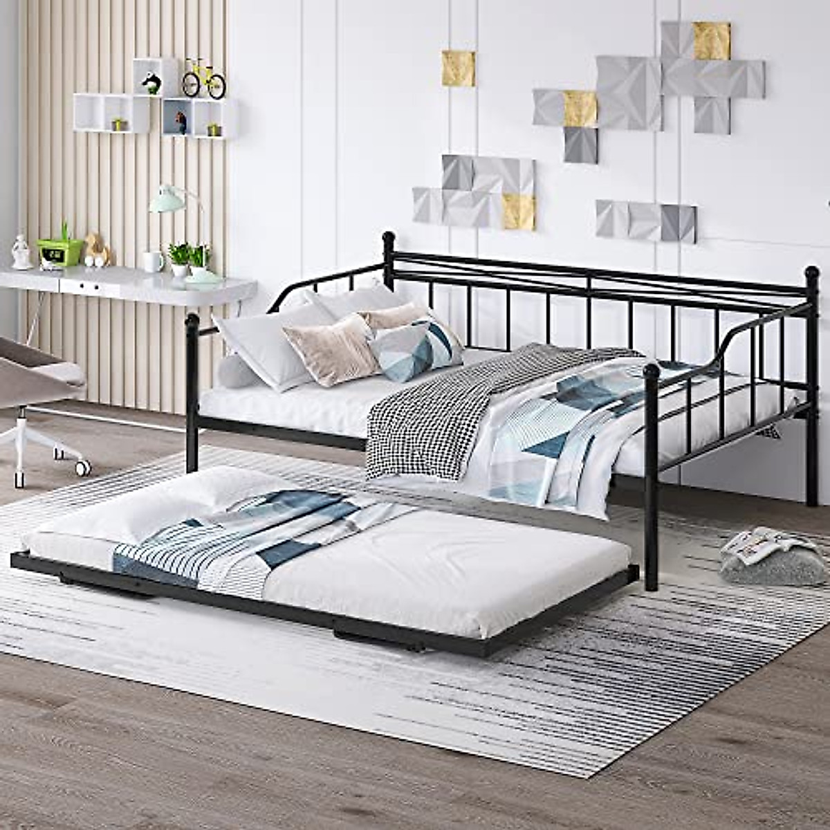 LUSPAZ Full Size Extendable Bed with Pop Up Trundle, Twin to King Daybed with Pull Out Trundle for Adults, Kids