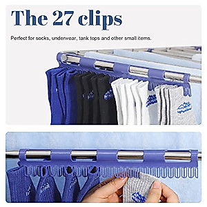 ZenStyle Clothes Drying Rack, 2-Level Laundry Drying Rack with Sock Clips, Stainless Steel Foldable Laundry Hanger with Height-Adjustable Gullwings for Clothes, Towels, Sheets, Silver