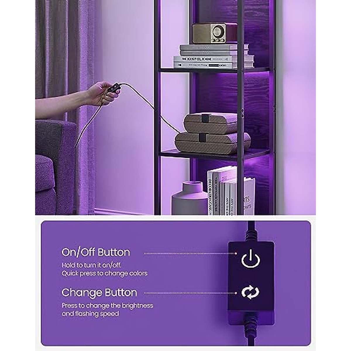 VASAGLE 6-Tier LED Bookshelf, Display Shelf with Dimmable Lights, LED Bookcase with Steel Frame, 11.9 x 15.7 x 70.3 Inches, for Living Room, Bedroom, Office, Black with Wood Grain ULLS121B56