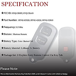 Key Fob Remote Replacement Fits for Toyota 4Runner 1999-2009/SCION XB 2004-2007/HIGHLANDER 2001-2007/RAV4 2001-2005 /FJ Cruiser/Prius/CELICA/Tundra/ HYQ12BBX HYQ12BAN Keyless Entry Remote Control