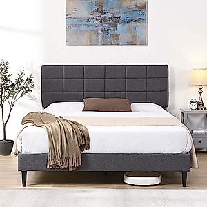 TMEOSK Queen Size Upholstered Platform Bed Frame with Fabric Headboard and Wooden Slats Support, Mattress Foundation, No Box Spring Needed for Boys Girls Teens Adults, Under Bed Storage (Gray)