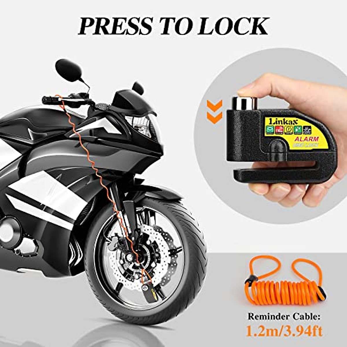 Linkax Motorcycle Alarm Disc Brake Lock, Accesorios para Motos, Motorcycle Locks Anti-Theft Security Wheel Lock 110dB 7mm Pin with Reminder Cable and Carry Pouch for Motorbike Dirt Bike Scooter