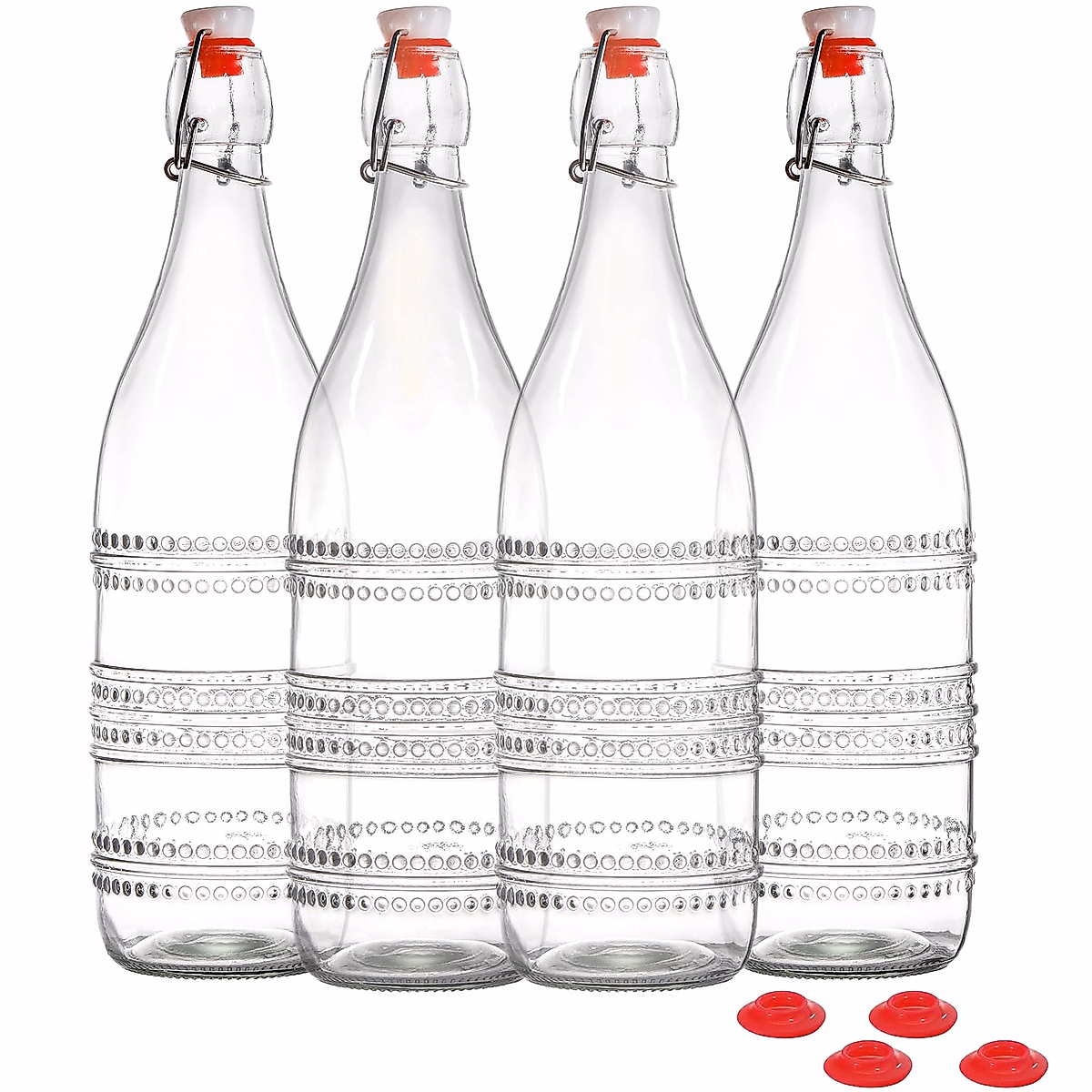 Nicunom 4 Pack Swing Top Glass Bottles 32 Oz, Clear Glass Brewing Bottle Flip Top Glass Bottle Airtight Glass Beer Bottles for Kombucha, Beverages, Wine, Juice, Oil, Vinegar, Water, Soda, Kefir