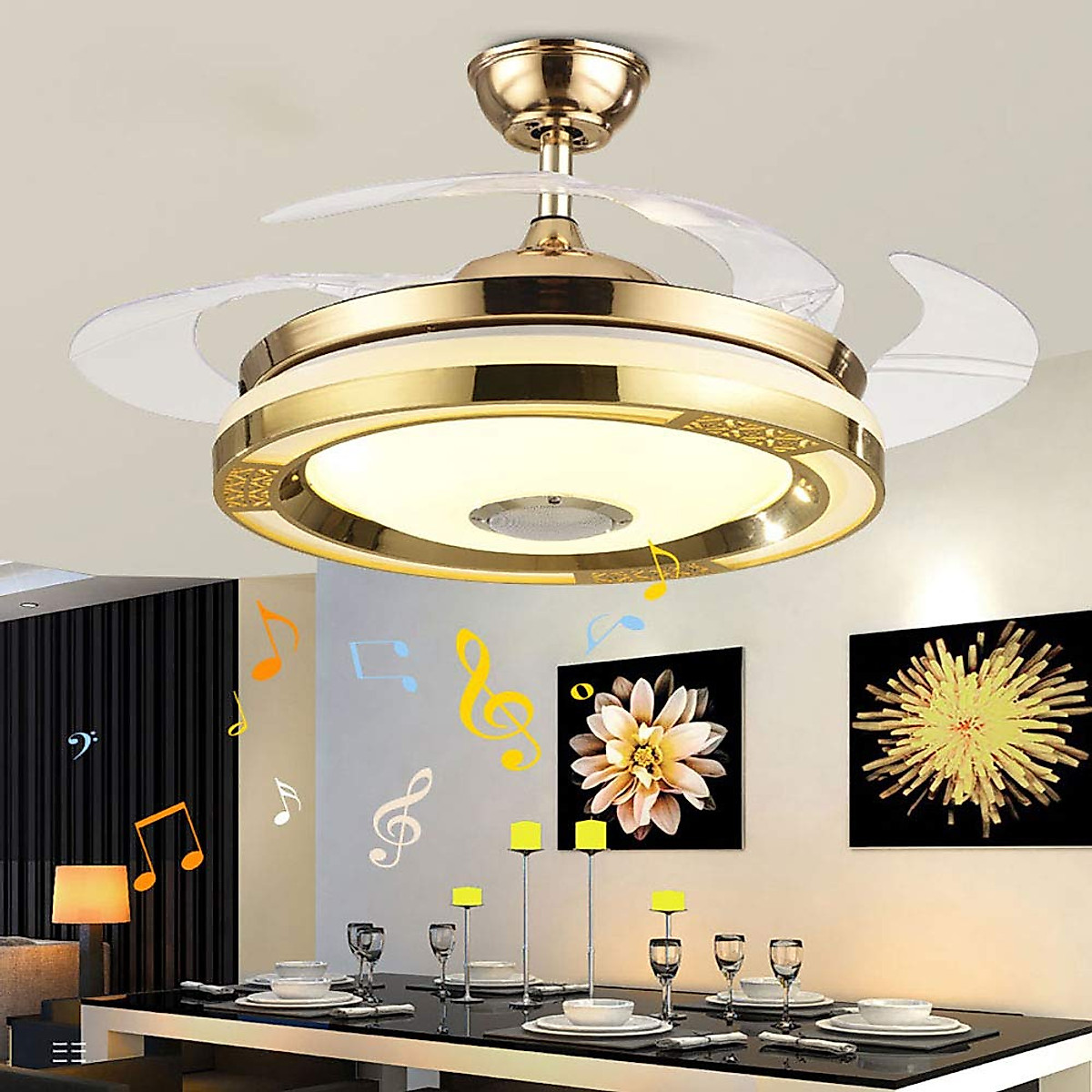 TFCFL 42'' Modern Music Ceiling Fan with Light, Invisible Smart Chandelier Fan with Bluetooth Player Remote Control 4 Retractable Blades 3 Colors for Dining Room Bedroom (Gold)