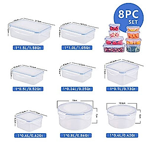 Food Storage Containers 8 PCS, Reusable Plastic Food Containers With Lids Airtight, BPA Free & 100% Leak-Proof, Microwave & Freezer and Dishwasher Safe, 8.2-50.75Oz