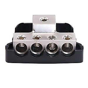 RKURCK 4 Way Power Distribution Block, 0/2/4 AWG Gauge in, 4/8/10 Gauge Out, Car Audio Stereo Amp Ground Distributor Connecting Block for Car Audio Amplifier Splitter (1 in 4 Out)