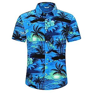 SheLucki Hawaiian Shirt for Men, Unisex Summer Beach Casual Short Sleeve Button Down Shirts, Printed Palmshadow Clothing Palm Tree Blue M