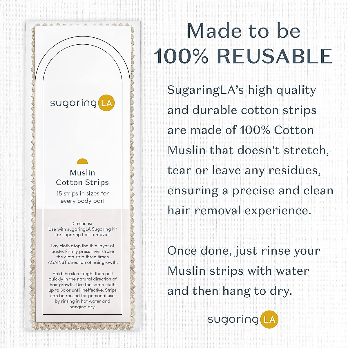 sugaringLA Muslin Cotton Sugaring Strips - Pre-cut Cloth Strips for Hair Removal - Body and Facial Hair Remover - Reusable, Multi Size (15 Pieces)