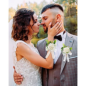 Ivory Rose Wrist Corsage Wristlet Band Bracelet and Boutonniere Set for Men Women Bride Bridesmaid Wedding Prom Flowers Accessories (6 Boutonnieres)