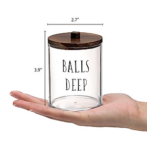 Tbestmax 4 Pack Qtip Holder with Wood Lids, 10oz Clear Bathroom Organizer Accessories Storage Containers Plastic Letter Apothecary Jars for Cotton Ball, Cotton Swab, Floss