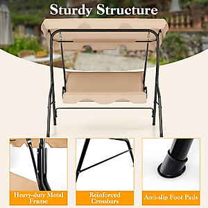 HAPPYGRILL 3-Person Patio Swing Chair, Outdoor Swing Glider with Adjustable Canopy and Removable Cushion, Porch Swing with Stand for Garden and Backyard, (Beige)